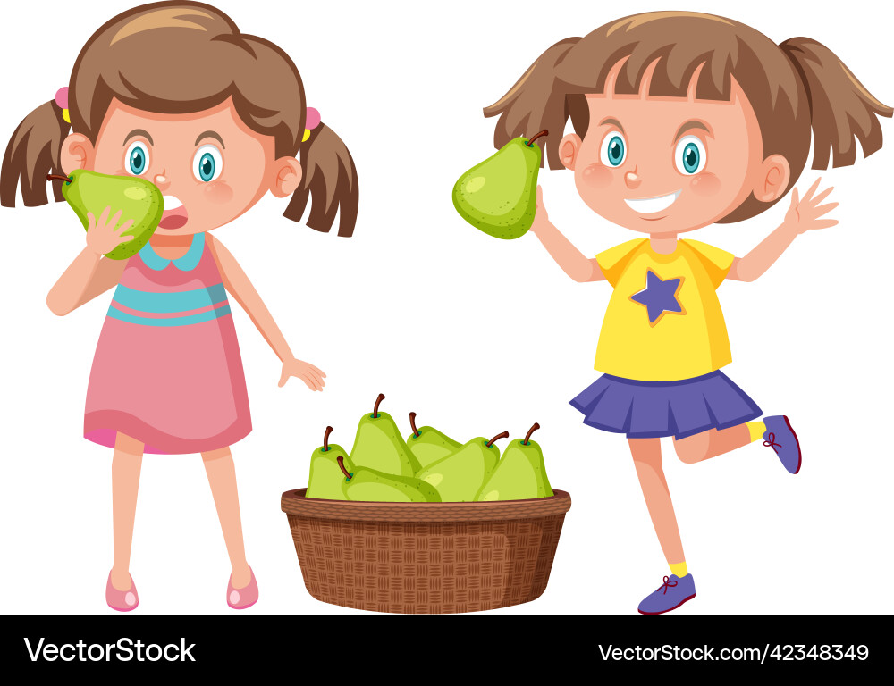Cartoon girl holding pear Royalty Free Vector Image