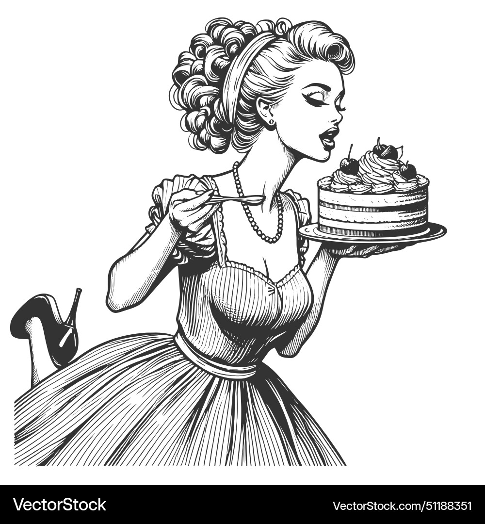 Pin-up girl enjoying cake engraving Royalty Free Vector