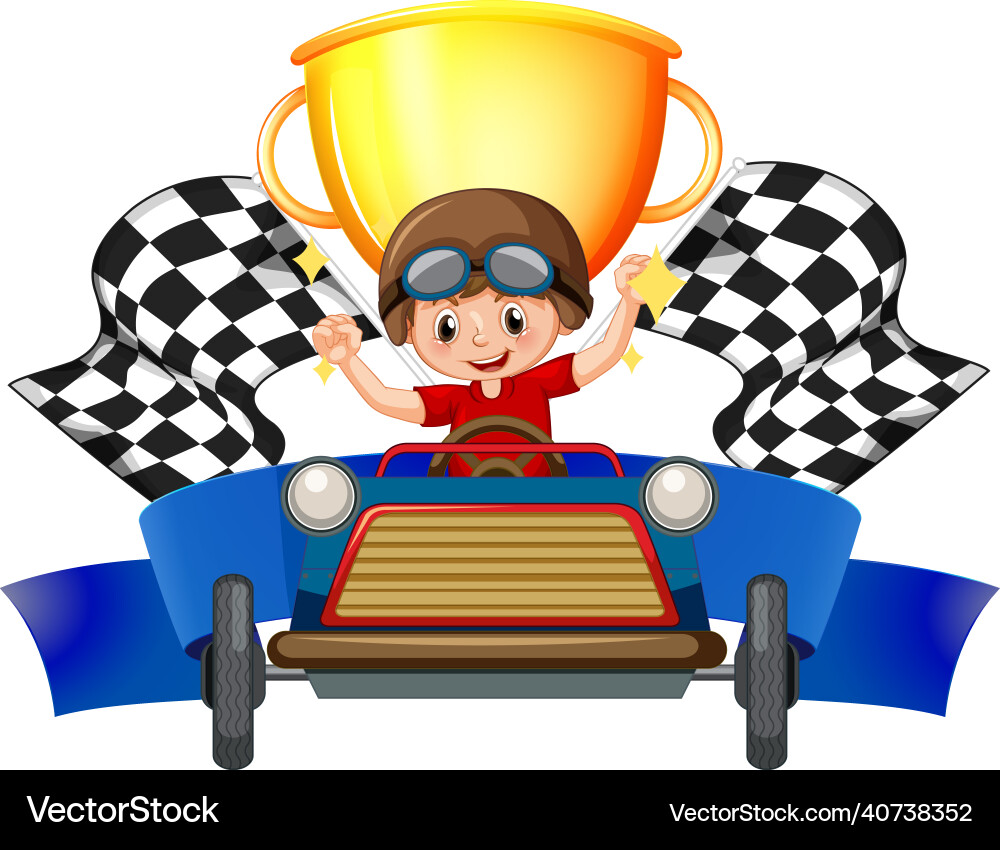 Sieger Junge in einem Rennwagen auf Trophy Hintergrund
