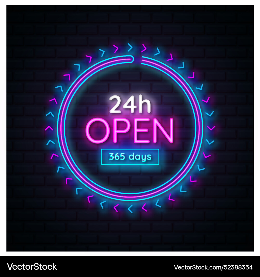 Neon open 24 hours sign Royalty Free Vector Image