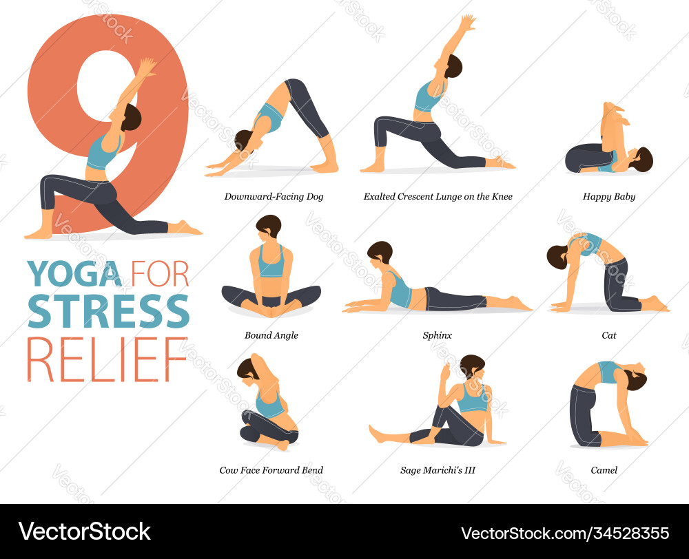 9 yoga poses for stress relief concept Royalty Free Vector