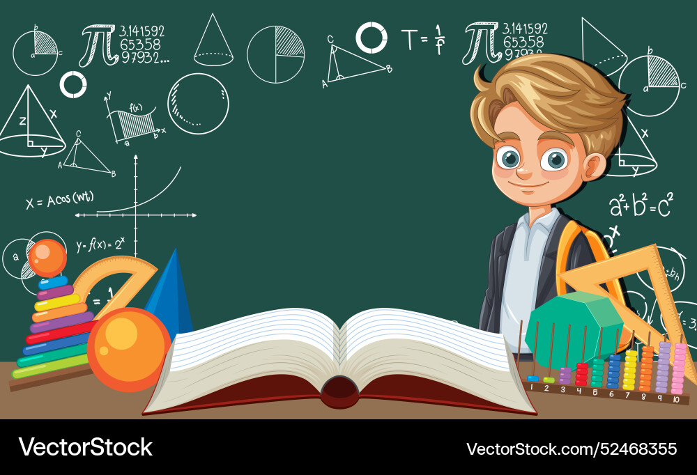 Boy with math tools and open book Royalty Free Vector Image