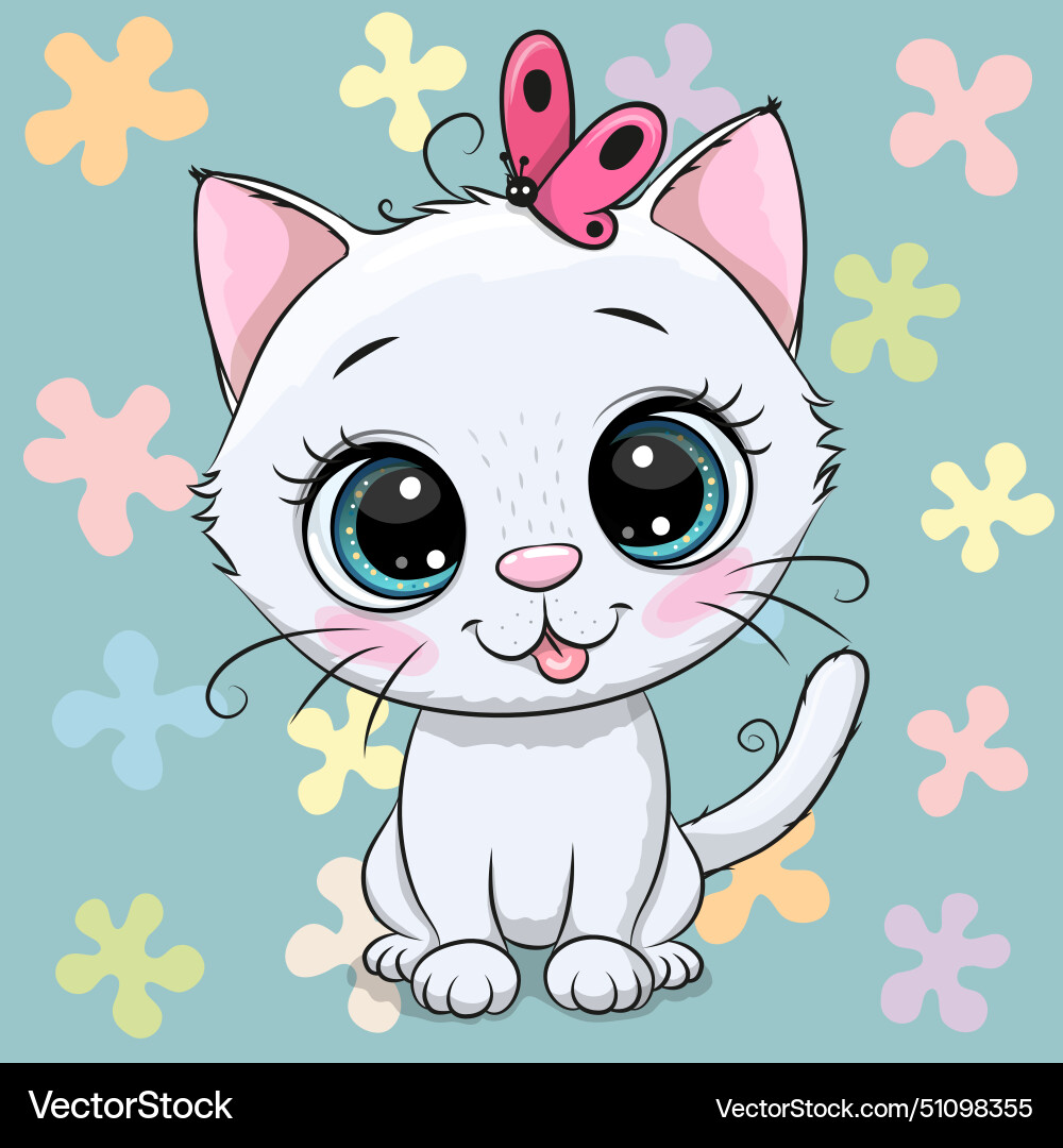Cartoon white kitten on a blue background Vector Image
