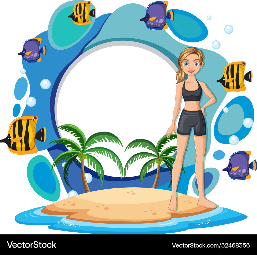 Girl on island with tropical fish Royalty Free Vector Image