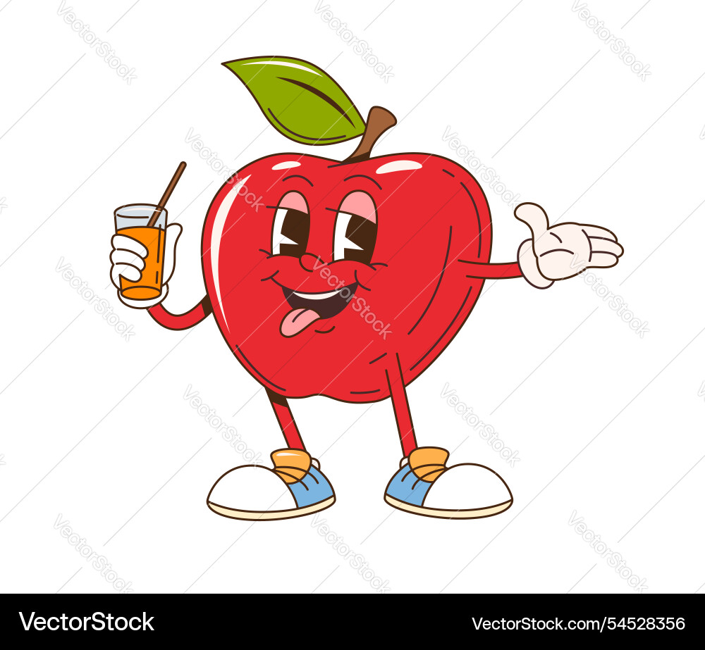 Groovy retro cartoon red apple fruit character Vector Image