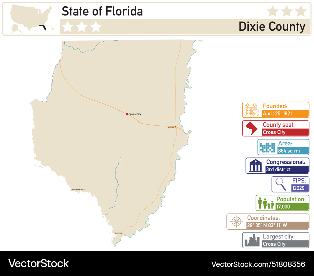 Map of dixie county in florida usa Royalty Free Vector Image