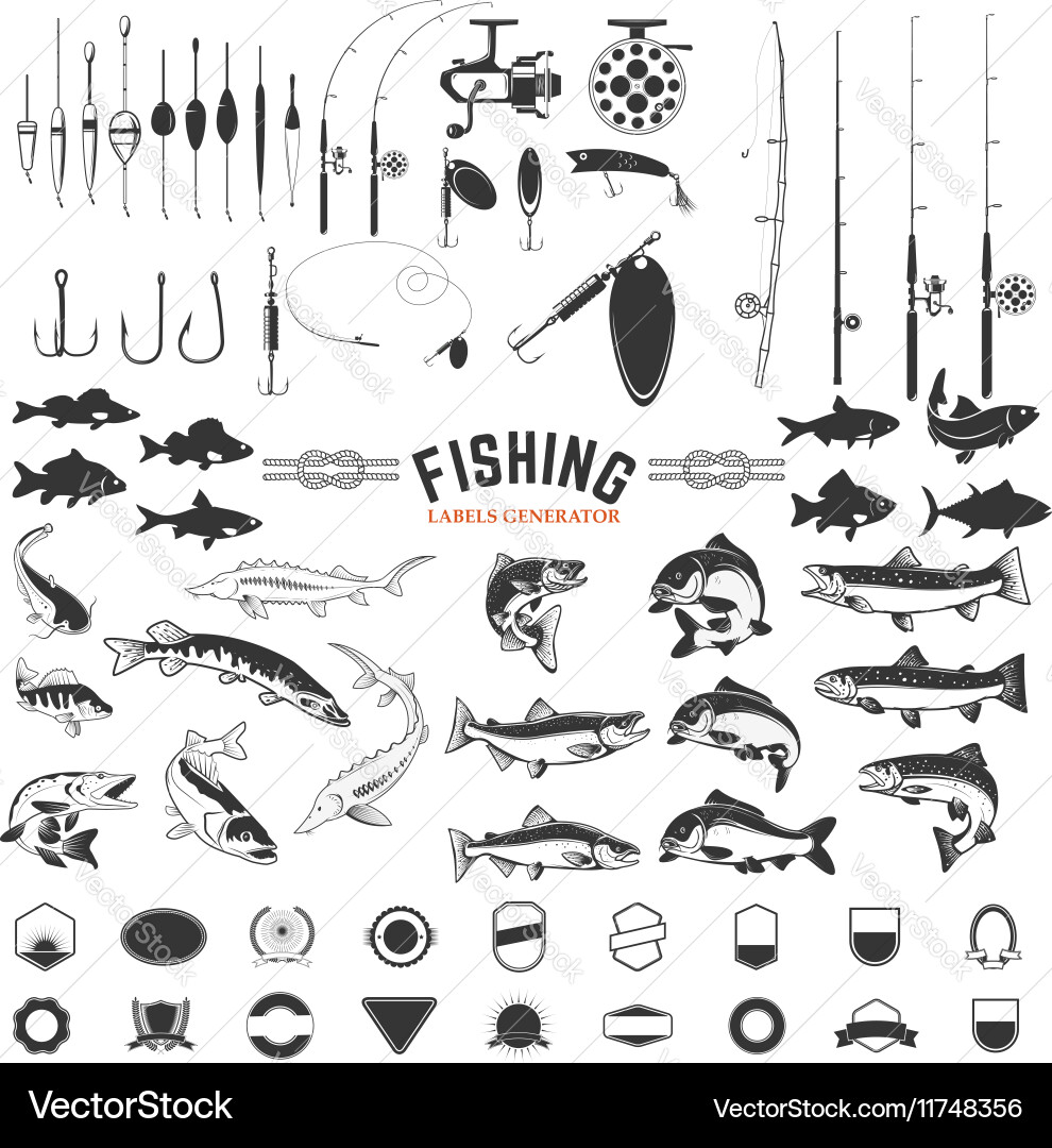 Set of fishing labels design elements rods Vector Image