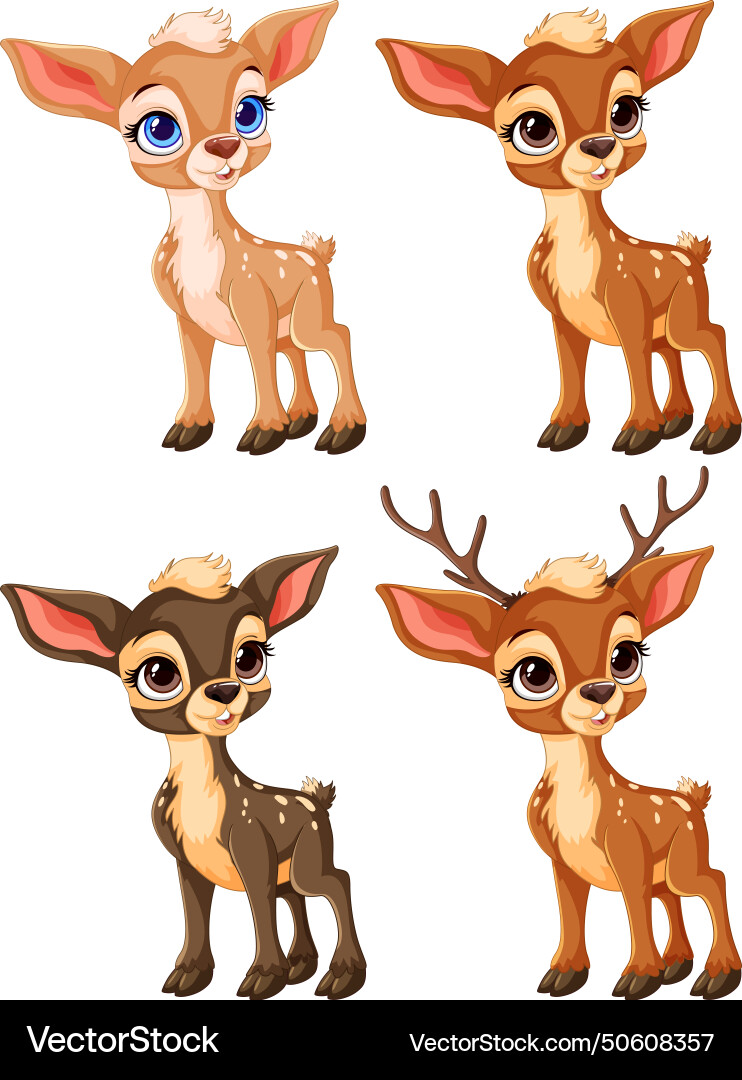 Four cute animated deer in various poses Vector Image