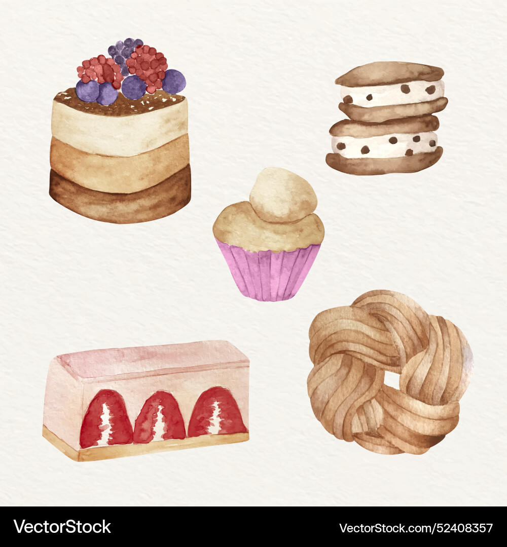 Watercolor bakery elements collection Royalty Free Vector