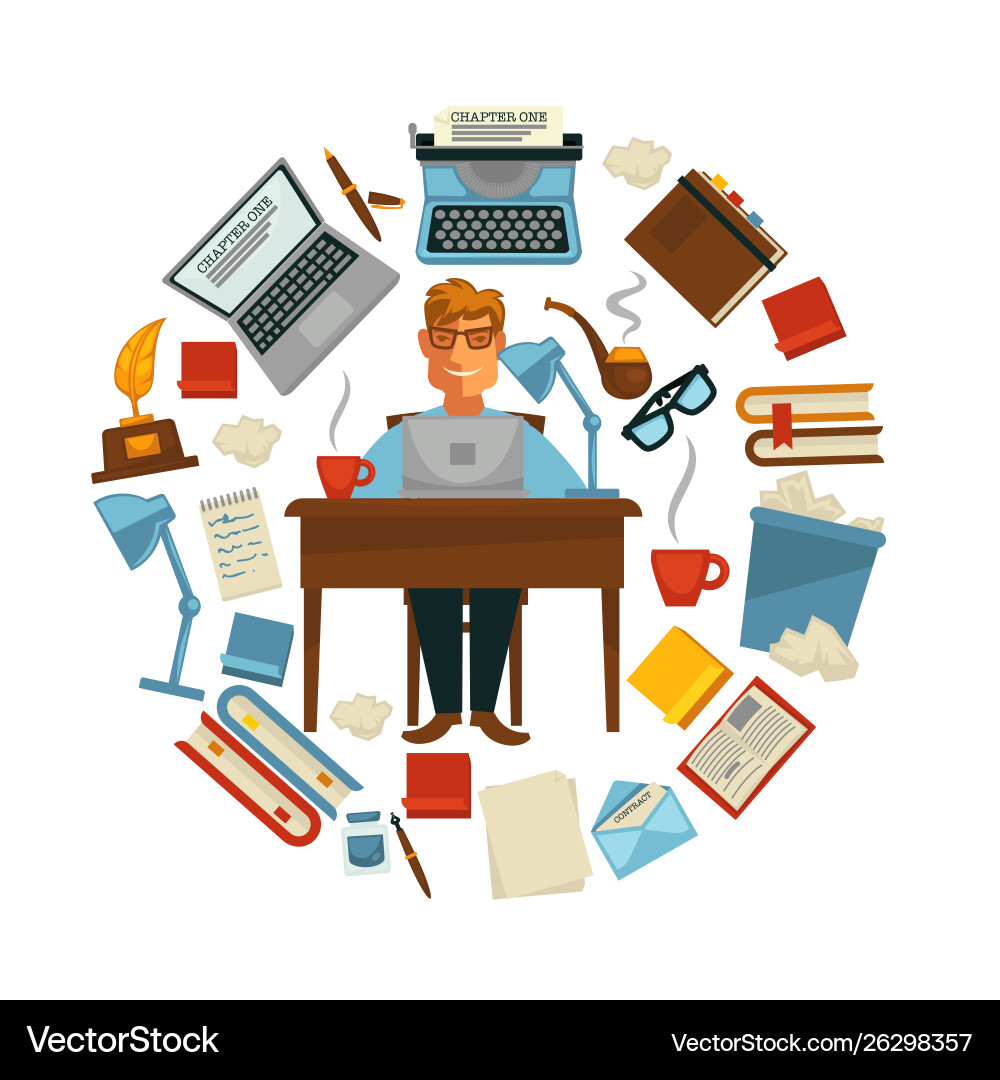 Writing items and writer laptop typing machine Vector Image