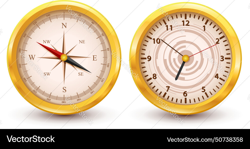 Gold luxury clock and compass Royalty Free Vector Image