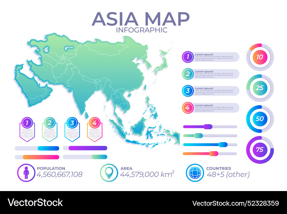 Gradient infographic map of asia Royalty Free Vector Image