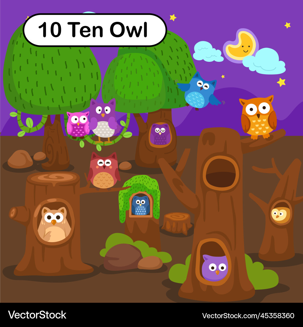 Flashcard number ten with 10 owl learning for kid Vector Image