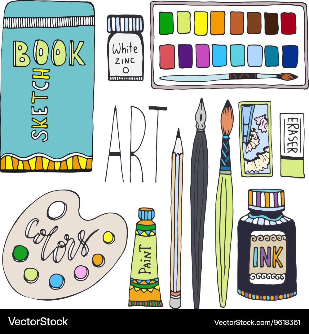 Art supplies for drawing cartoon set Royalty Free Vector