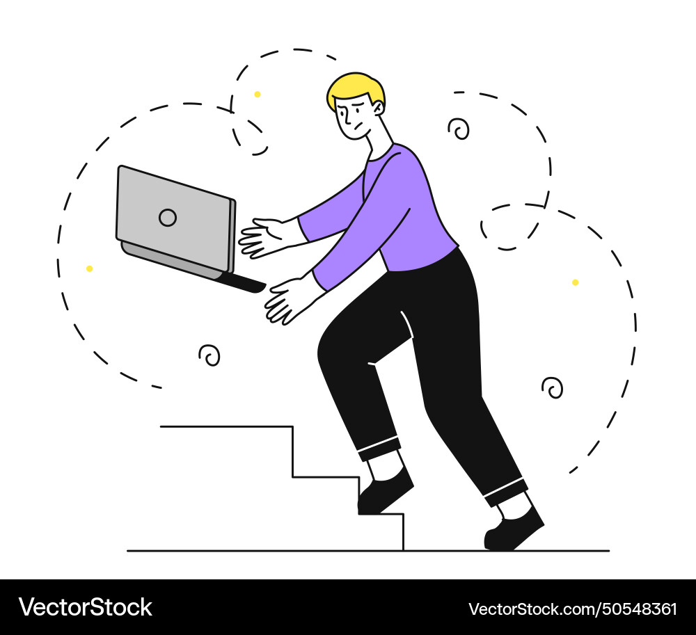 Falling laptop on stairs linear Royalty Free Vector Image