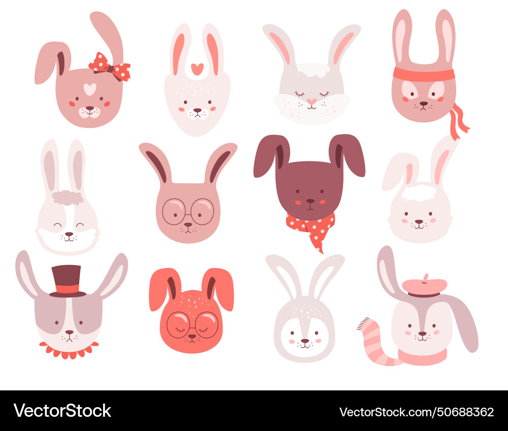 Funny bunny characters cute rabbit faces design Vector Image