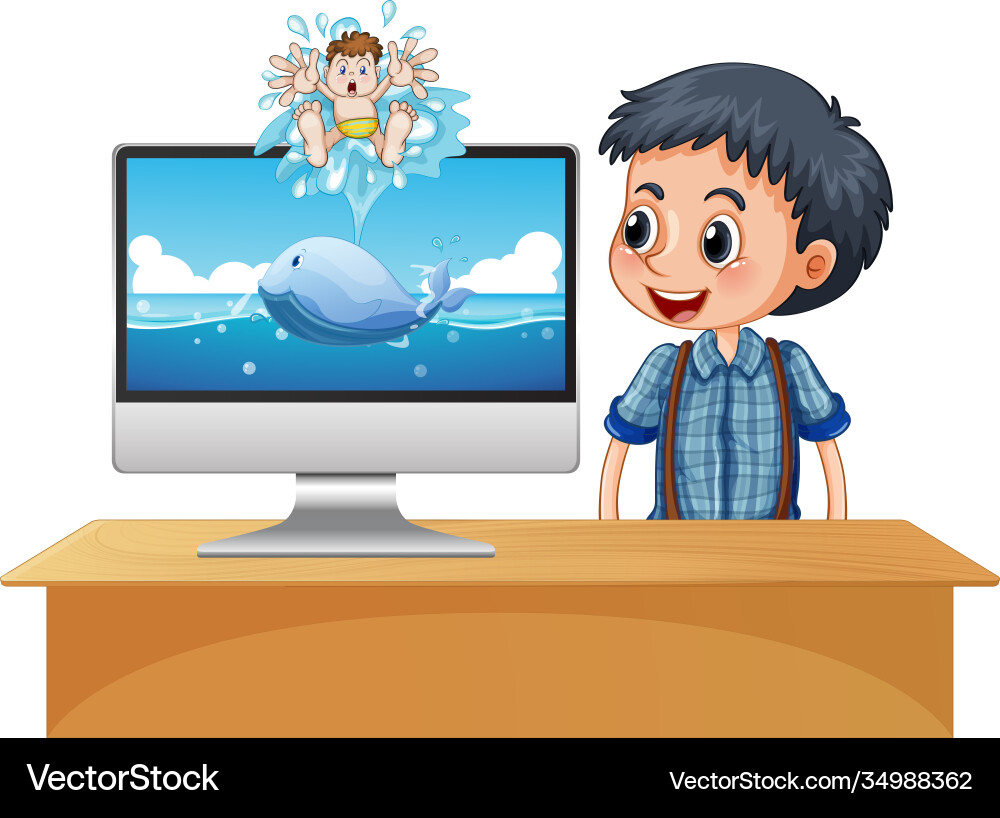 Happy boy next to computer screen with ocean scene