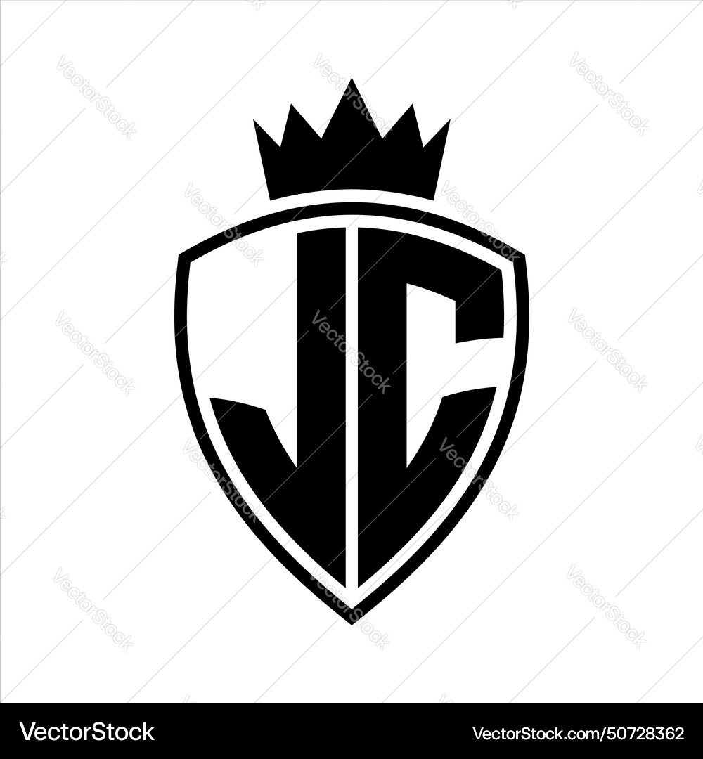Jc letter monogram shield and crown outline shape Vector Image