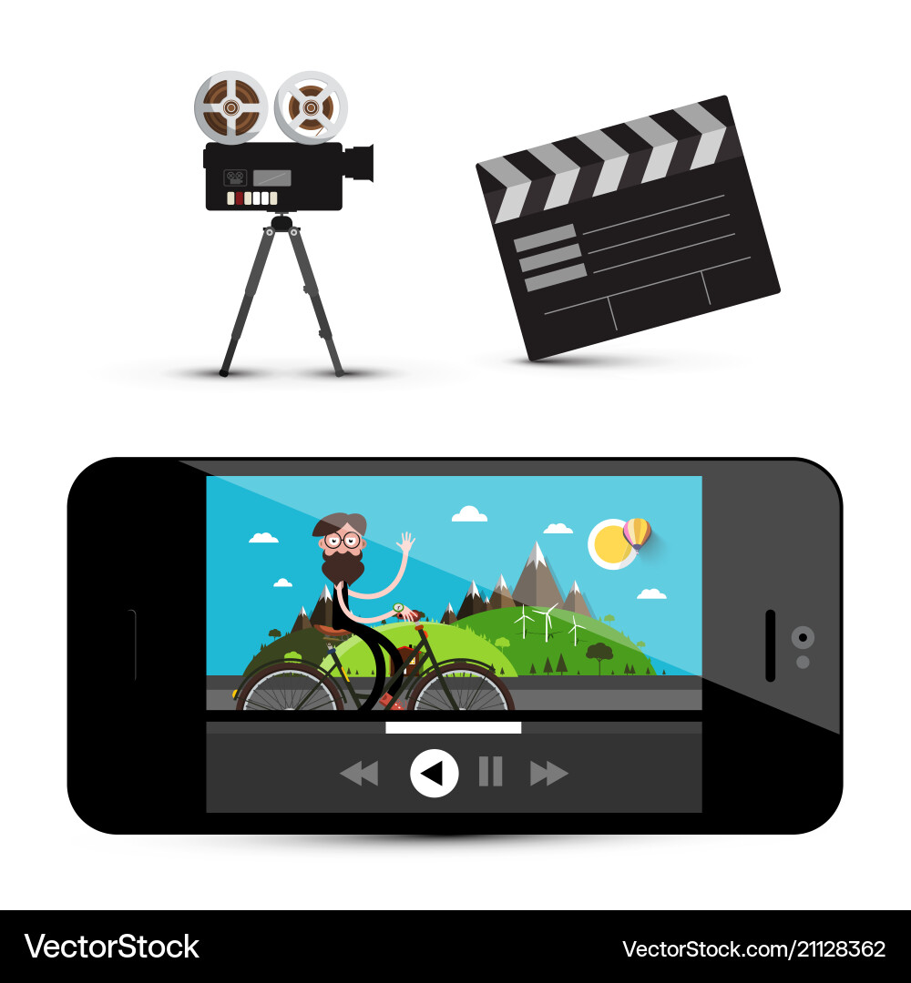 Movie player on smartphone camera and clapper Vector Image