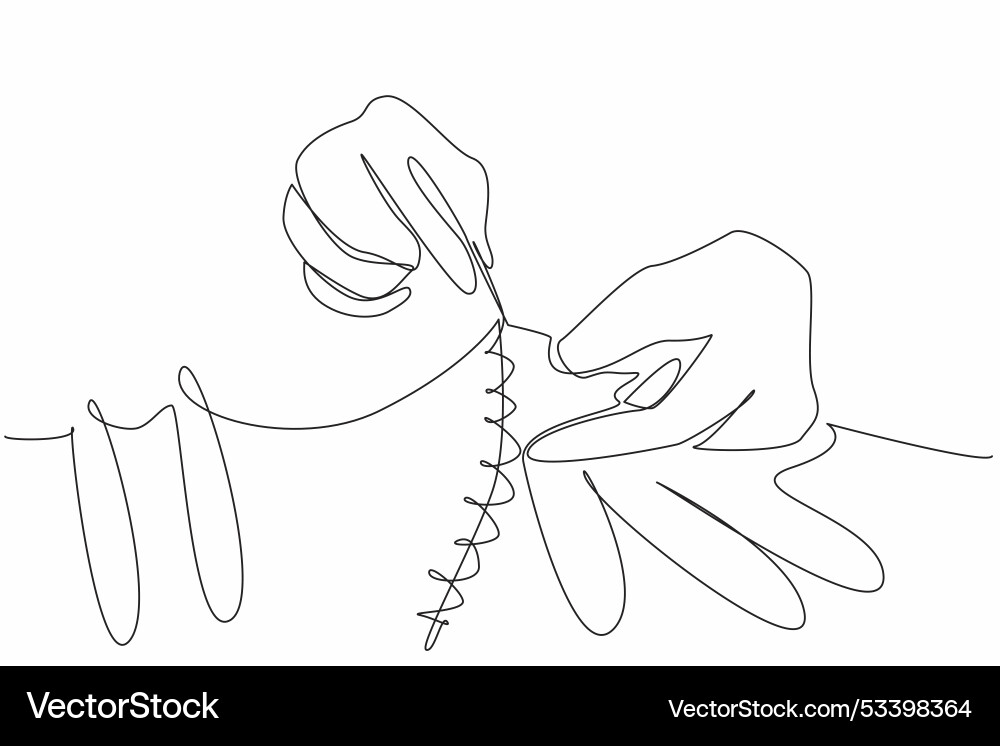 Continuous one line drawing hands are sewing Vector Image