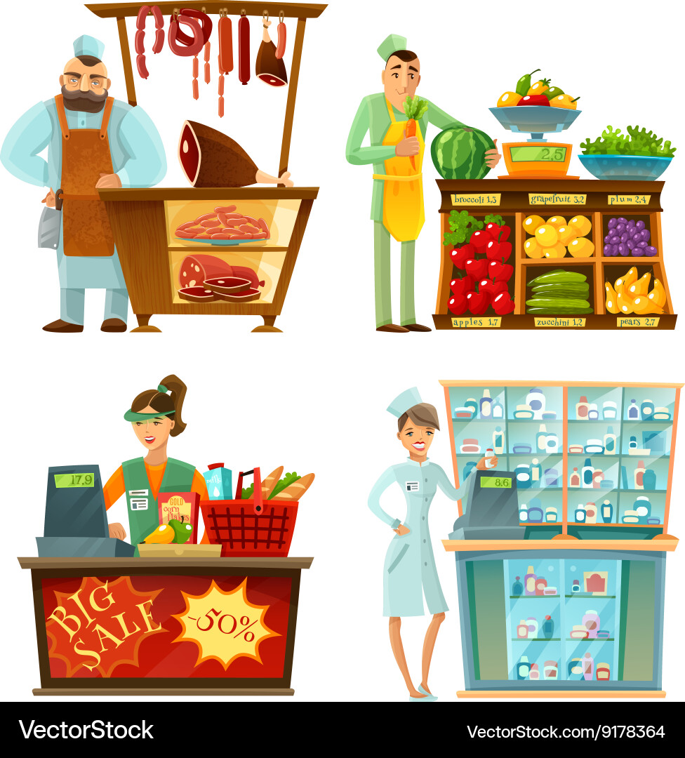 Seller counter service 4 cartoon compositions set Vector Image