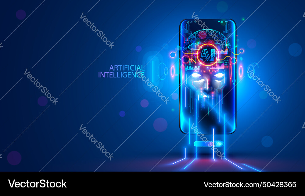 Ai with scary face on screen phone head chat bot Vector Image