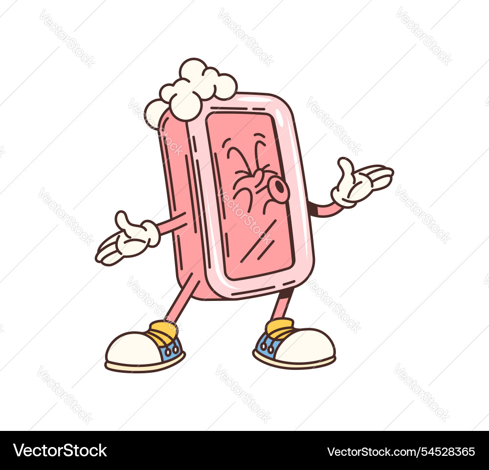 Cartoon soap bar groovy character with bubbles Vector Image