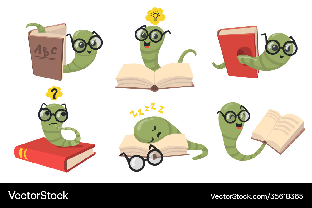 Cute Bookworm Cartoon Set Royalty Free Vector Image