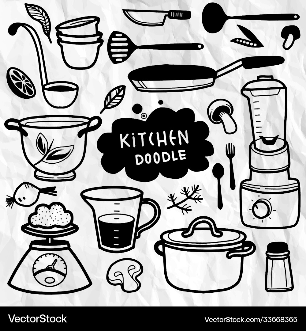 Set kitchen utensil doodle Royalty Free Vector Image