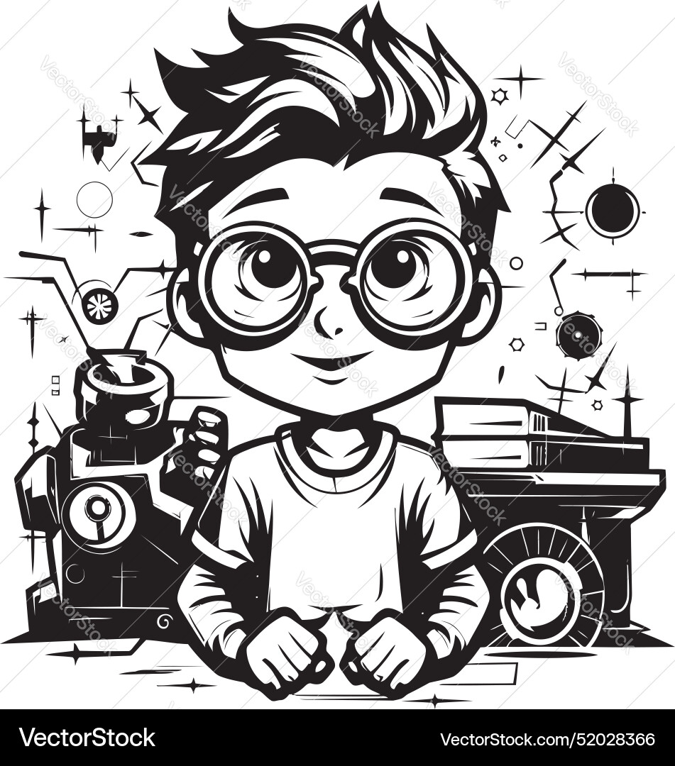 Future tech prodigy black logo with cyber kid Vector Image