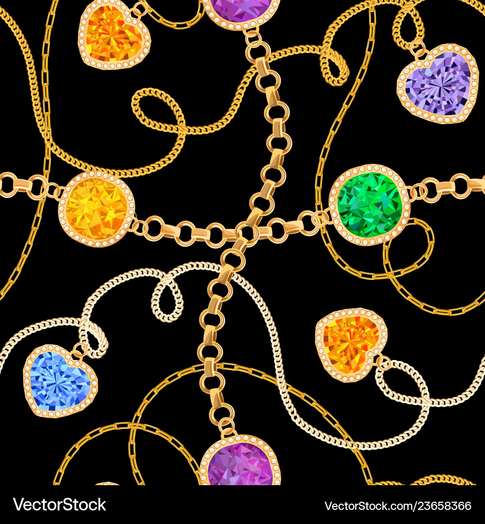Golden chains and gemstones seamless pattern Vector Image