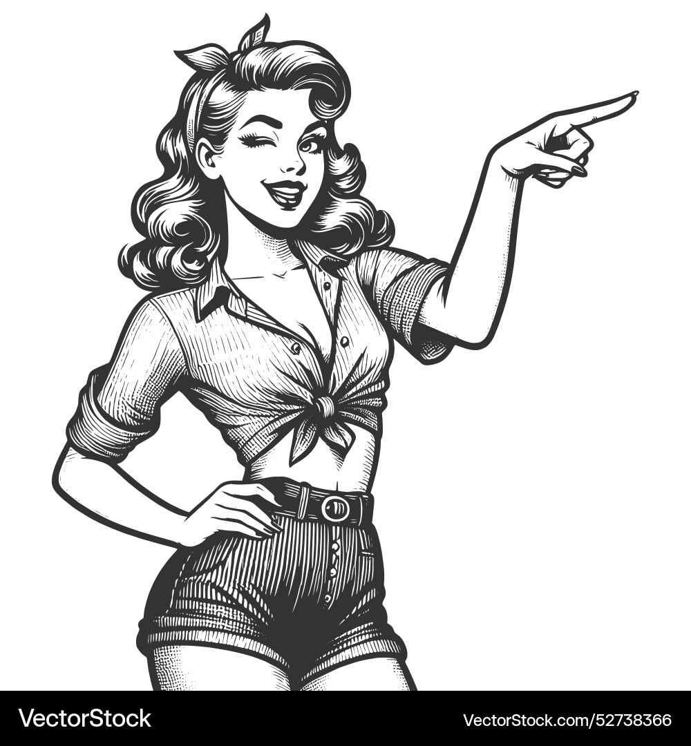 Pin Up Woman Winking And Pointing Royalty Free Vector Image