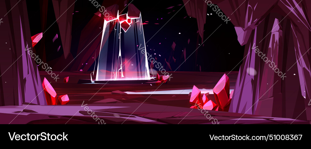 Cave interior with magic portal and ruby crystals Vector Image
