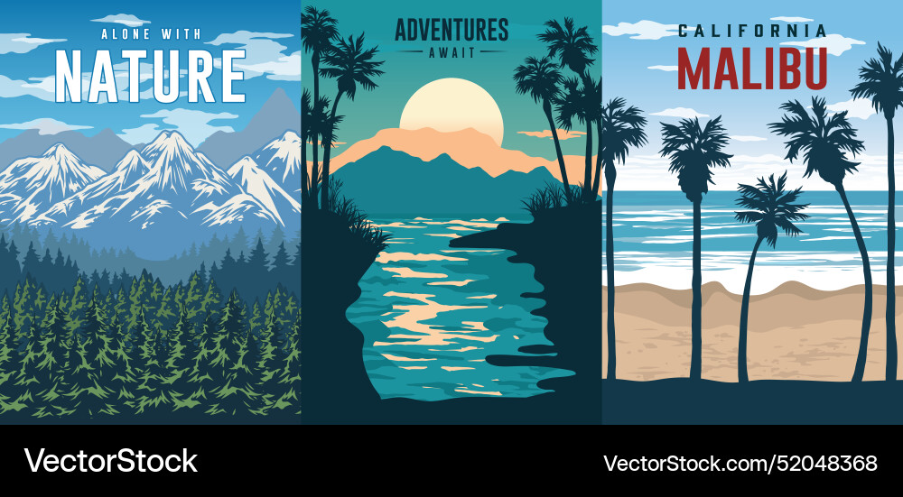 Adventure await colorful set posters Royalty Free Vector