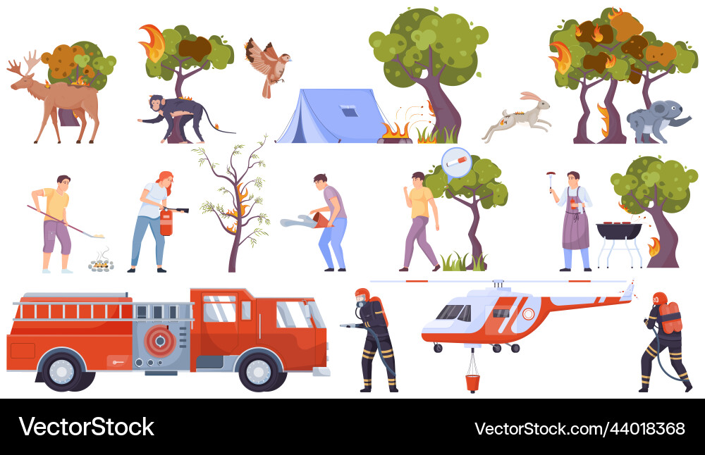 Forest fire flat icon set Royalty Free Vector Image
