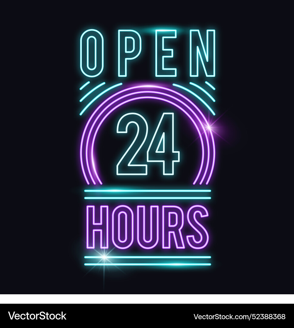 Neon open 24 hours sign Royalty Free Vector Image