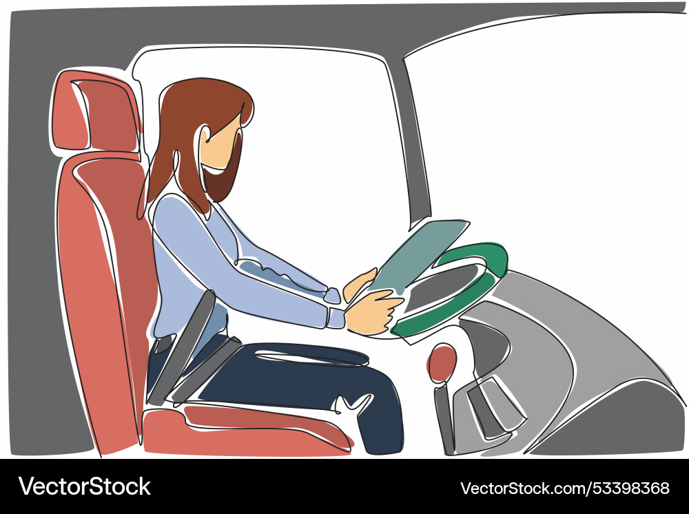Single one line drawing female driver holding Vector Image