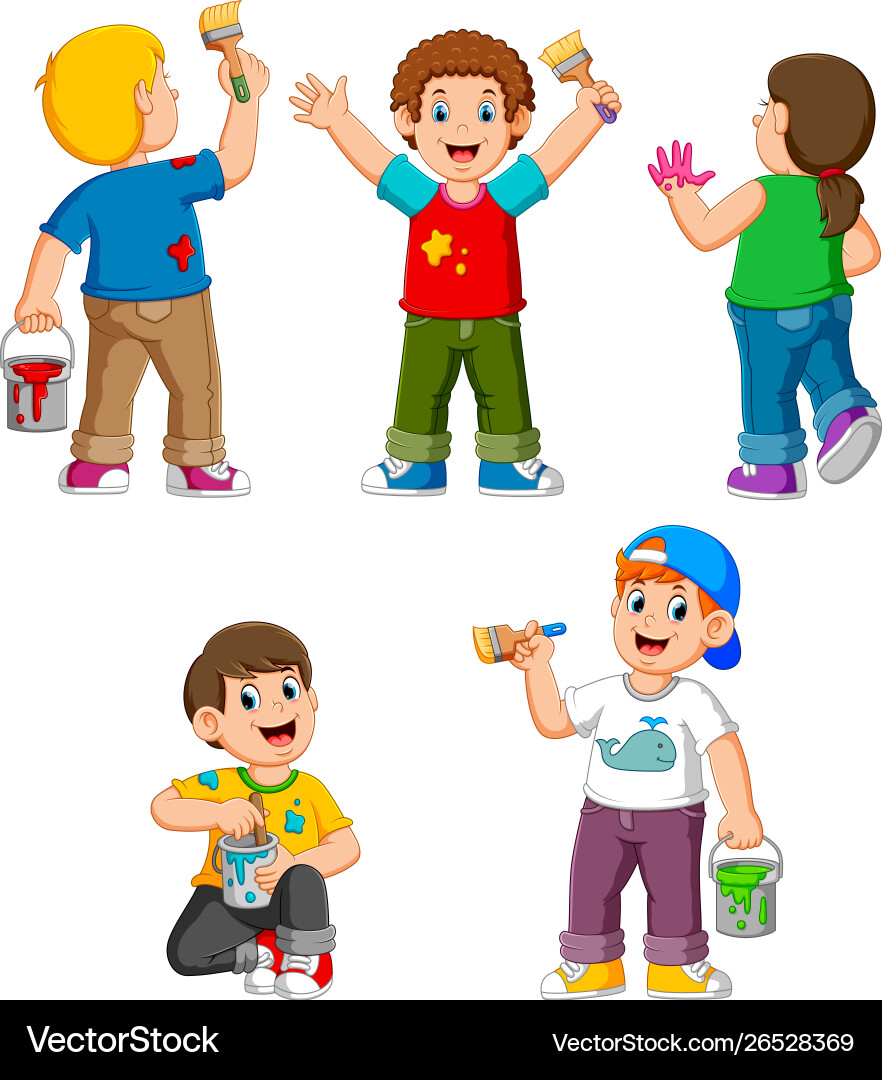 Collection happy kids with paint brush Royalty Free Vector
