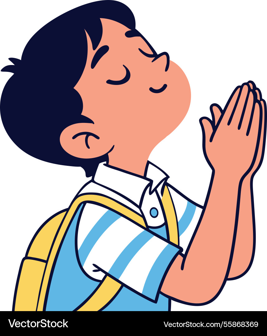 Young Student Praying with Hands Raised Royalty Free Vector