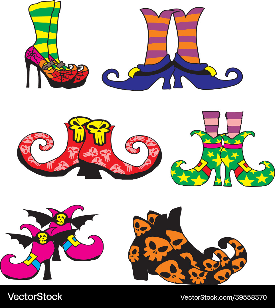 Set of colorful halloween shoes and witch Vector Image