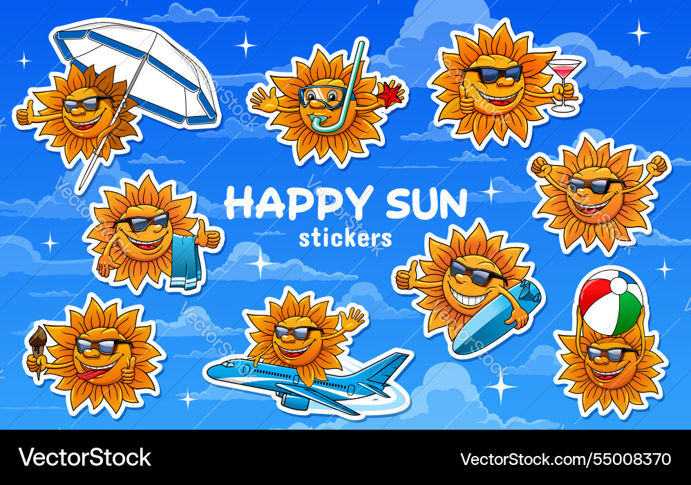 Smiling Sun Stickers - Summer Fun Royalty Free Vector Image