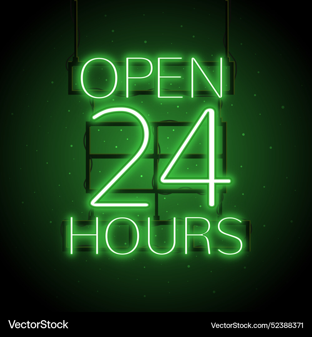Neon open twenty four hours sign Royalty Free Vector Image