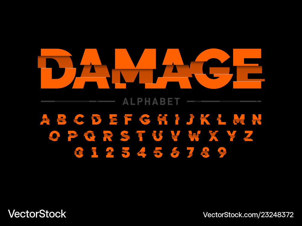 Damaged font design alphabet letters and numbers Vector Image