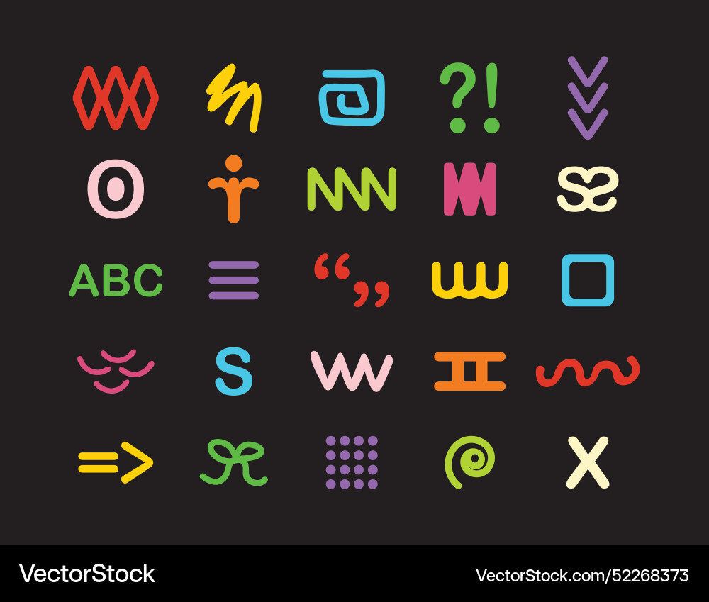 Vivid colors random shapes signs set on black Vector Image