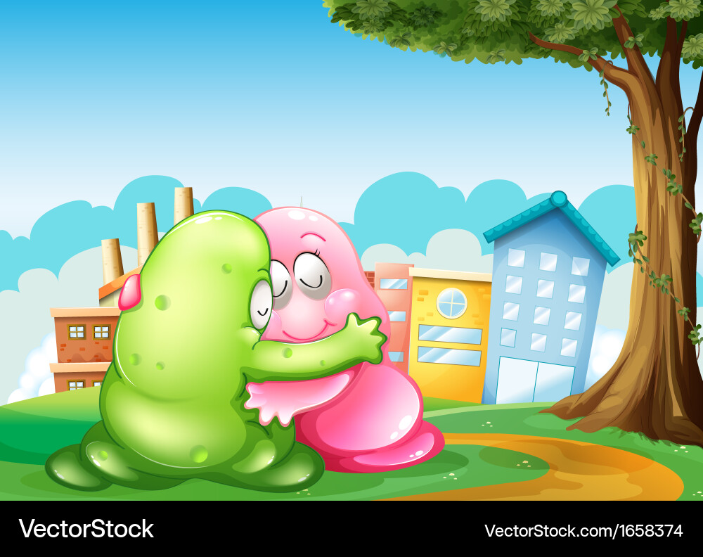 Two monsters at the hilltop hugging each other Vector Image