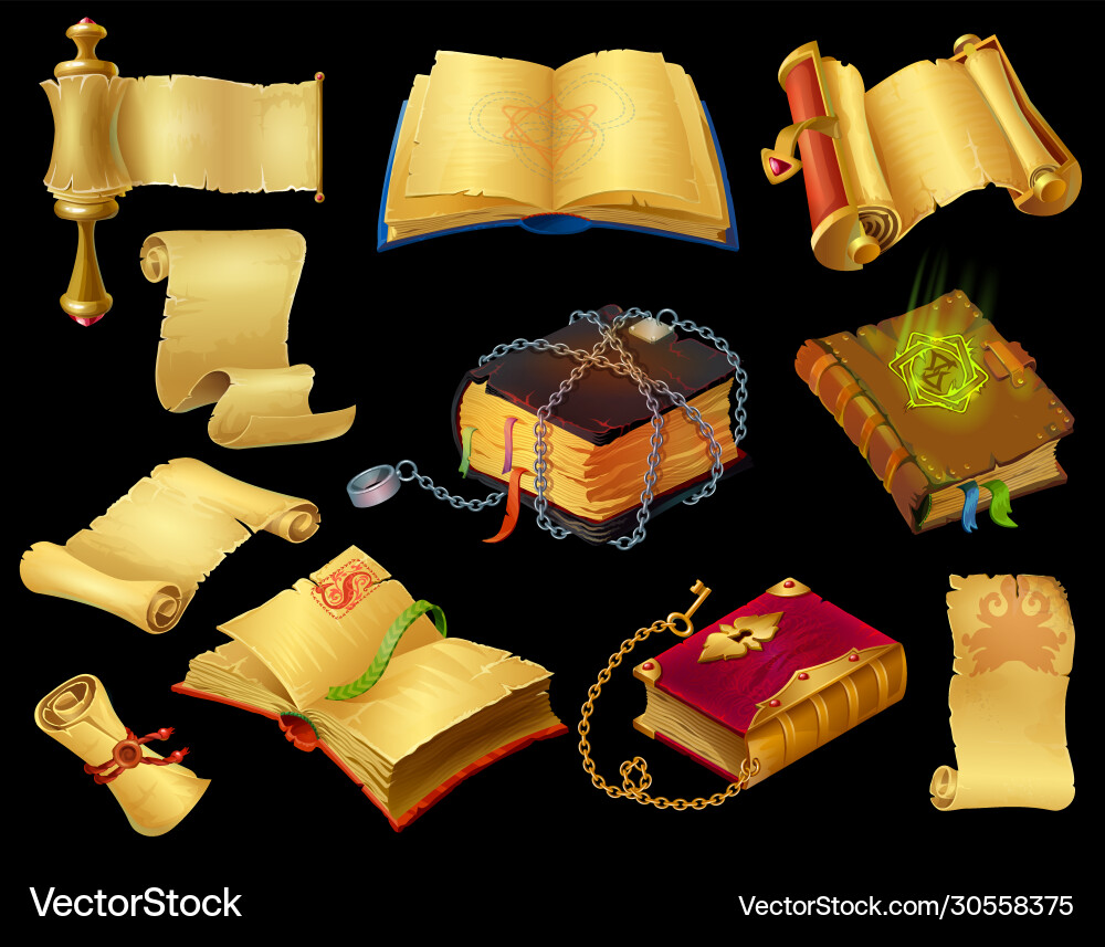 Cartoon books and scrolls game ui icons Royalty Free Vector