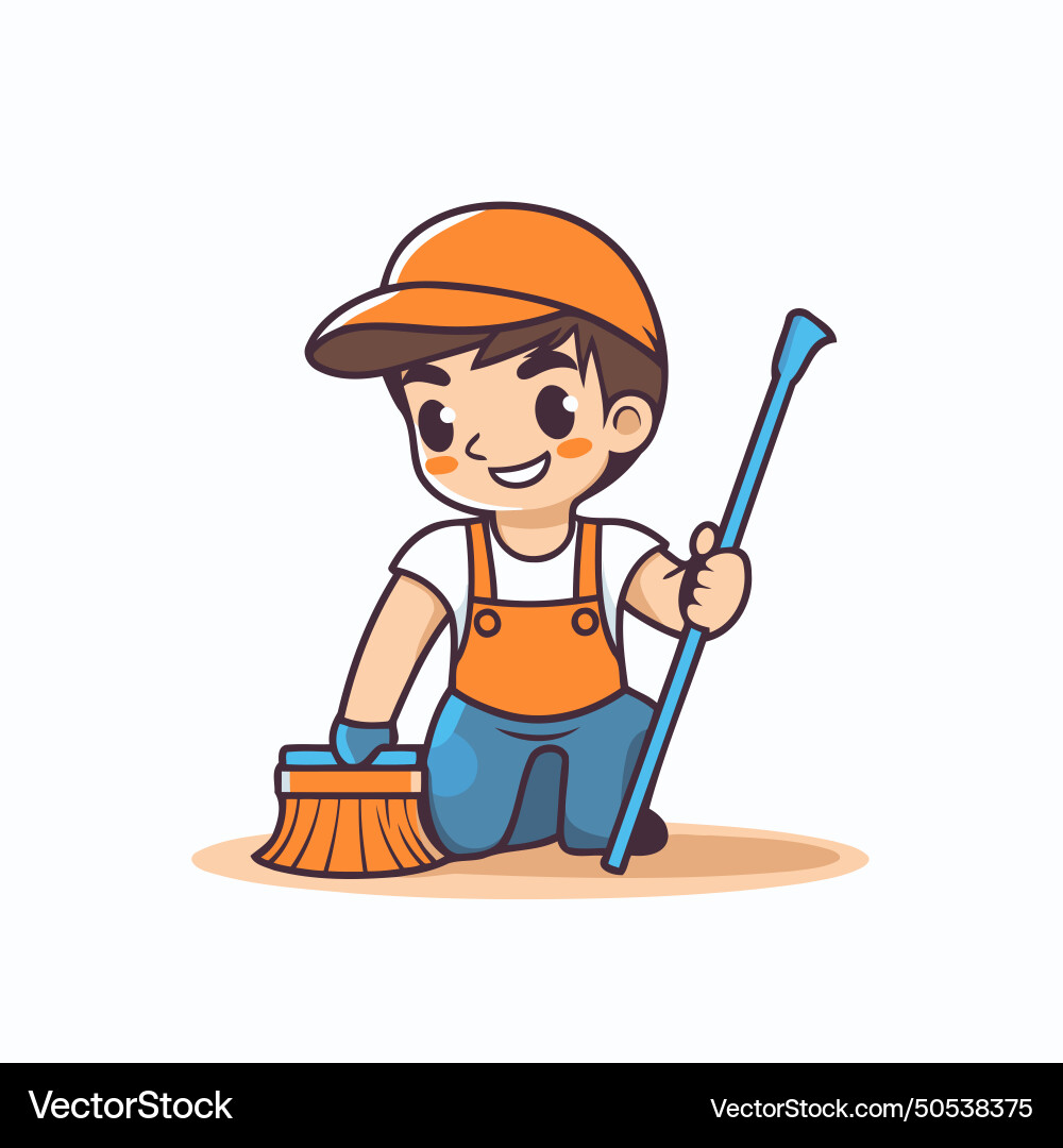 Cute little boy cleaning floor with broom Vector Image