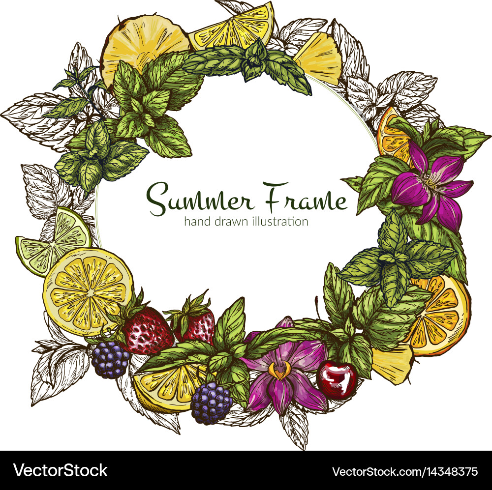 Round frame with different fruits and berries Vector Image