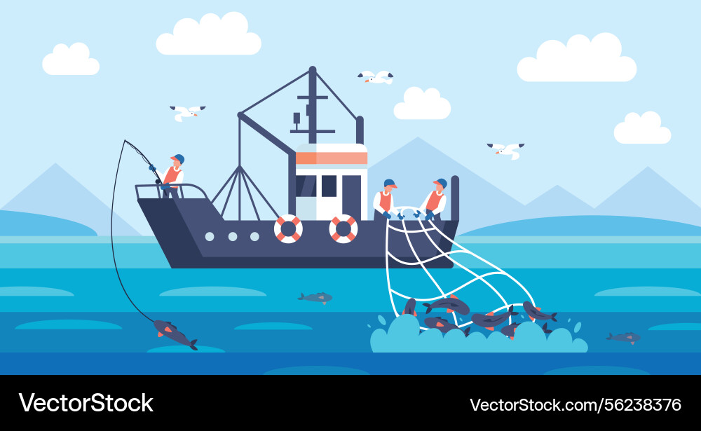 Fishing on vessel boat cartoon ship Royalty Free Vector