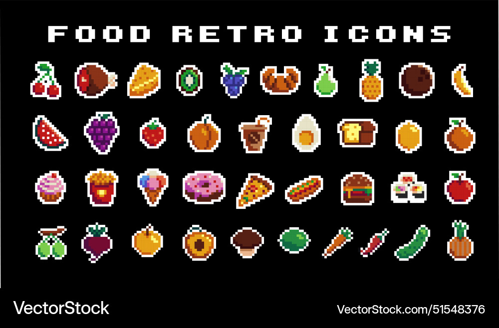 Retro pixel art food isolated icons with 8bit Vector Image